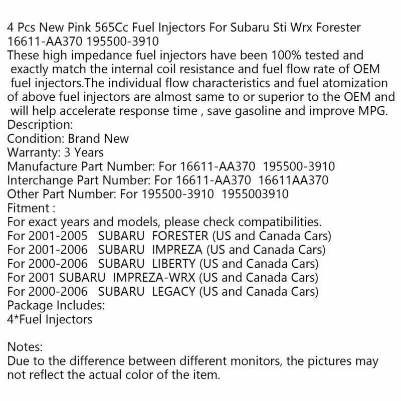 4Pcs 565CC Fuel Injectors 16611AA370 Fit Sti WRX Forester Pink 16611 ...