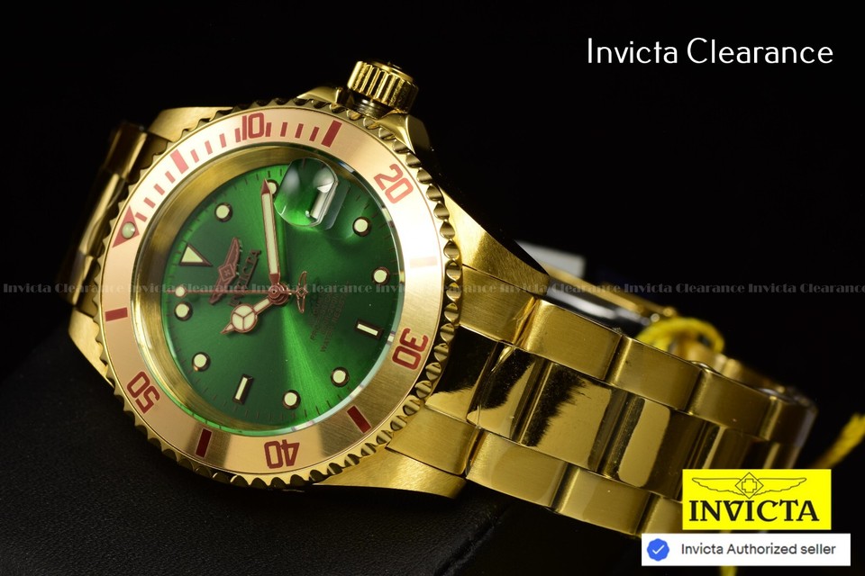 Invicta Mens Pro Diver 40mm AUTOMATIC GOLD Tone 200M Diver GREEN DIAL ...