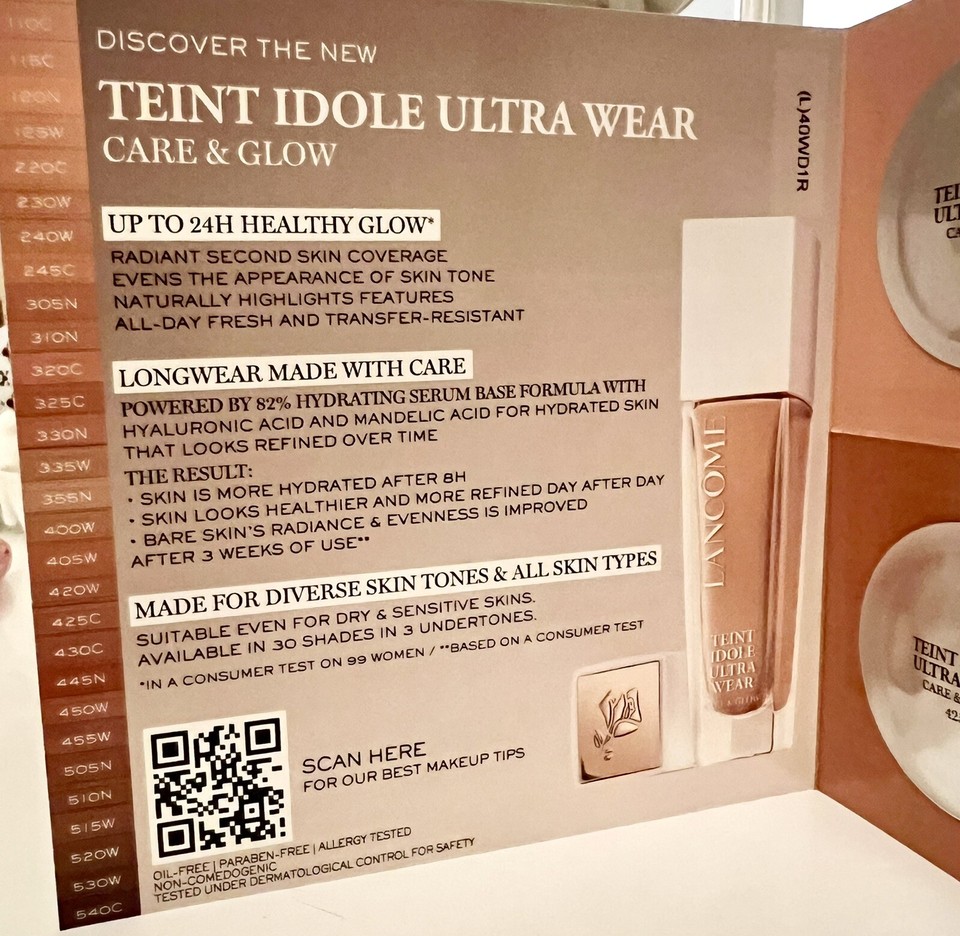 Lancome TEINT IDOLE ULTRA WEAR CARE & GLOW FOUNDATION 4-SHADE SAMPLE ...