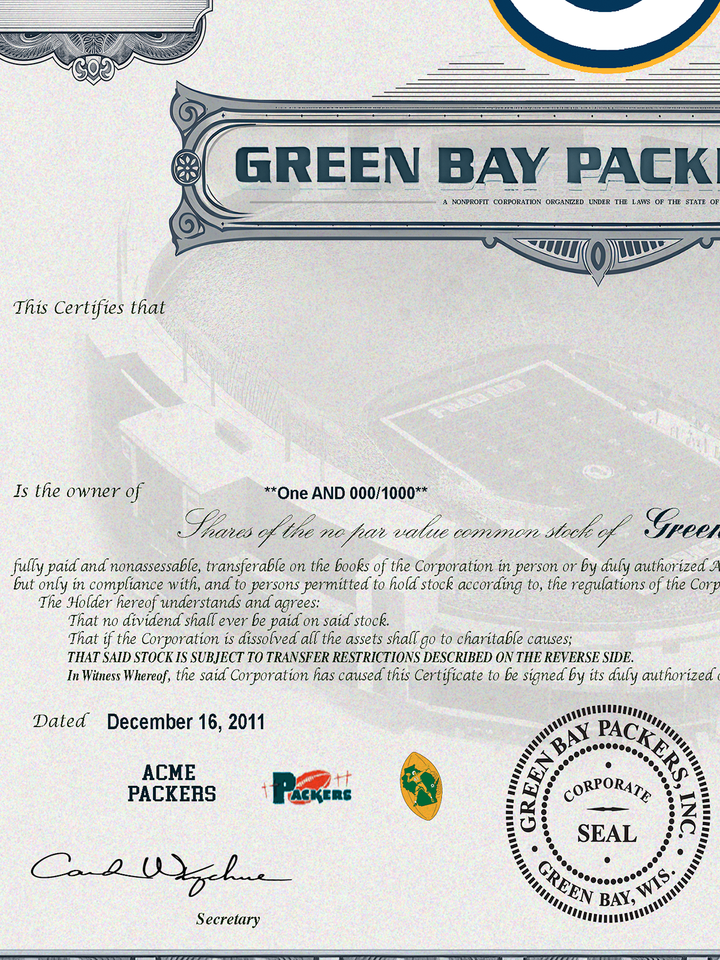Green Bay Packers 2011 Commemorative Stock-Style Certificate Novelty ...