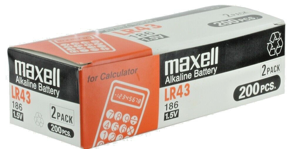 Box of 200 Maxell Lr43 186 Alkaline 1 5v Battery Button Cell Batteries ...