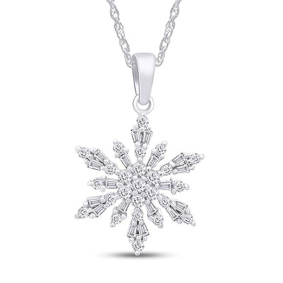 Snowflake Pendant Necklace Sterling Silver Baguette & Round Cut Cubic ...