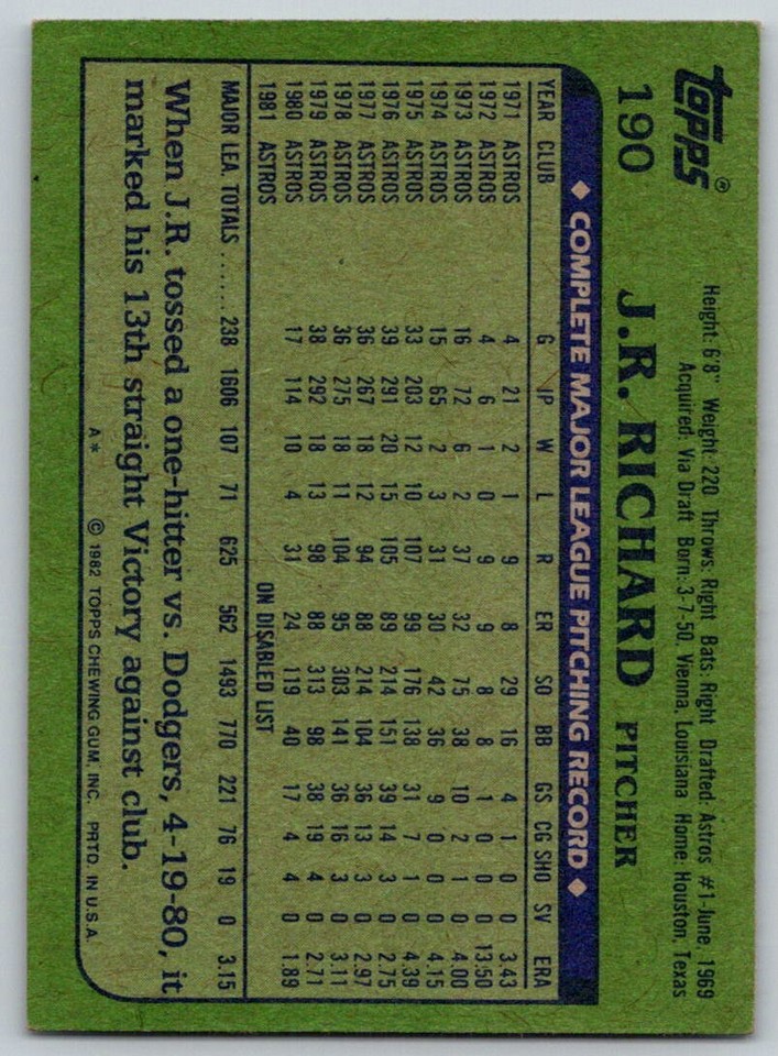 1982 TOPPS J.R. RICHARD HOUSTON ASTROS #190 | eBay