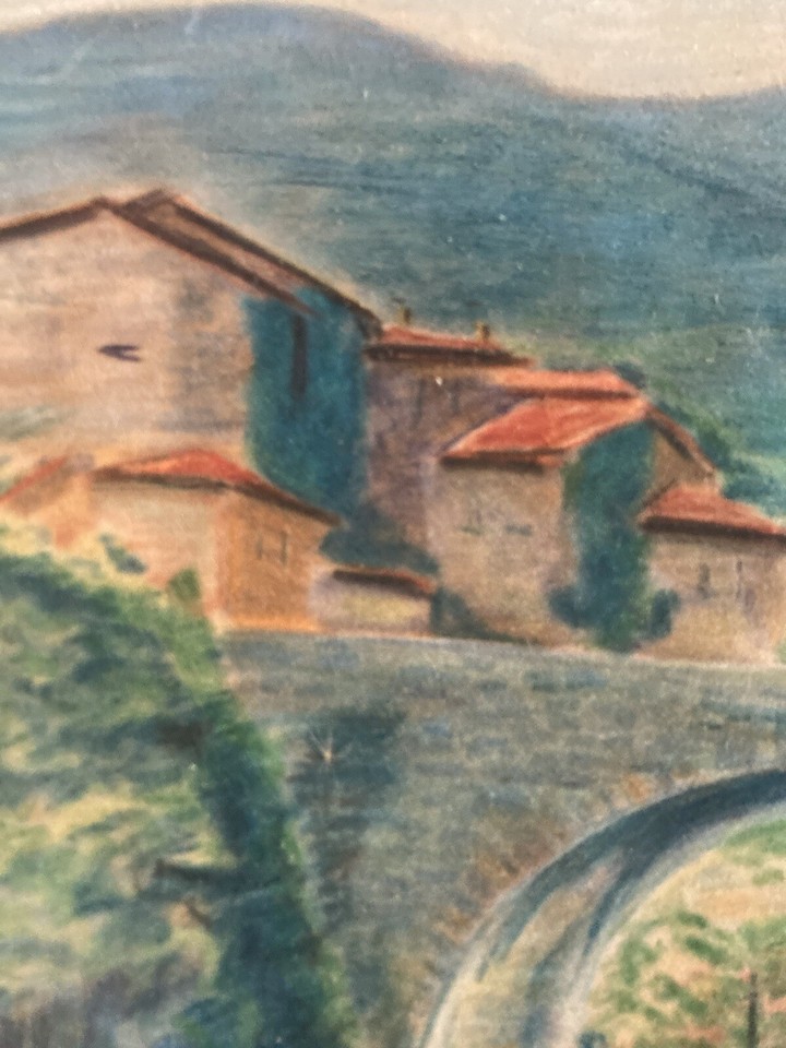 Beautiful Charcoal Drawing Village Roman Bridge Stone River 1960 Art To ...