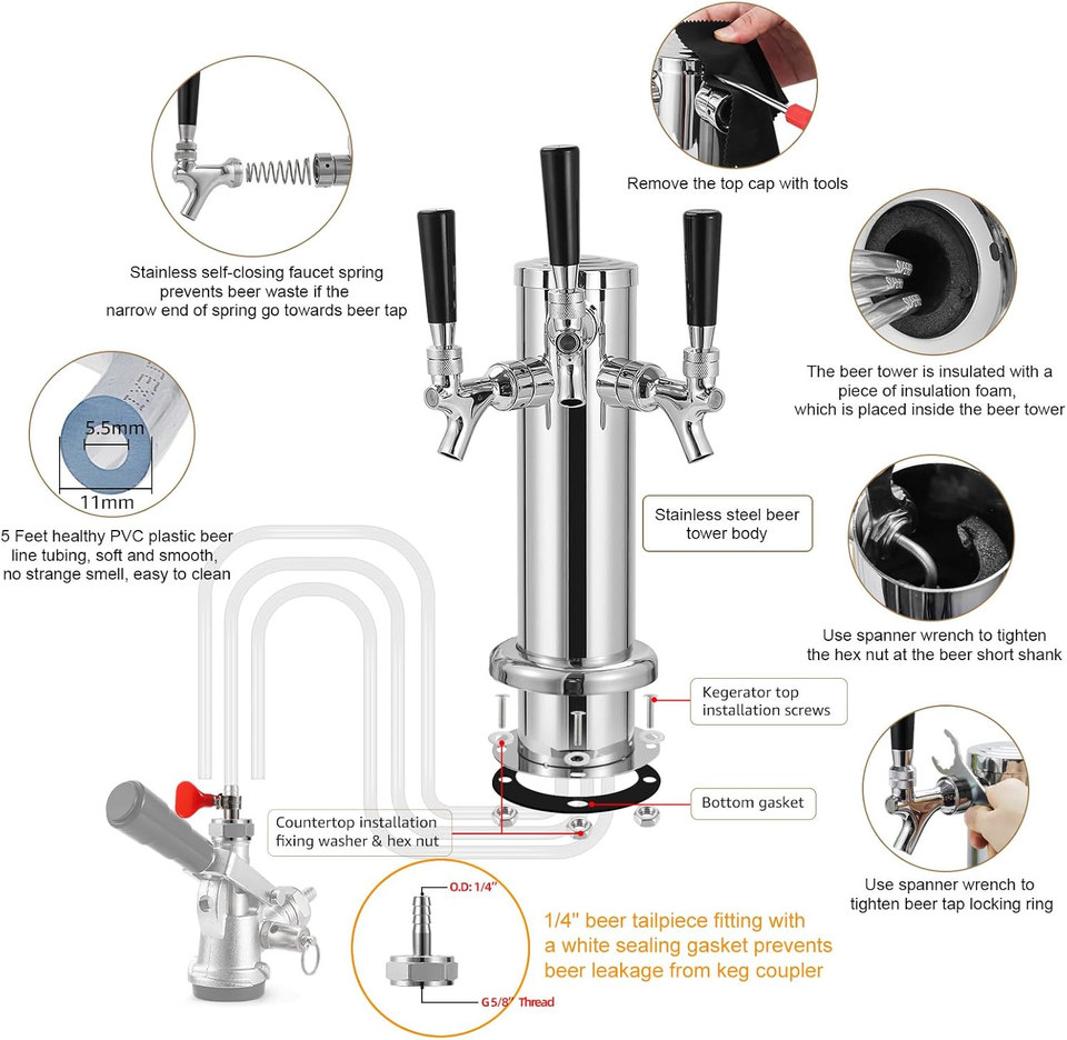 Triple Tap Draft Beer Tower, Stainless Steel 3'' Flange Brewing Tower ...