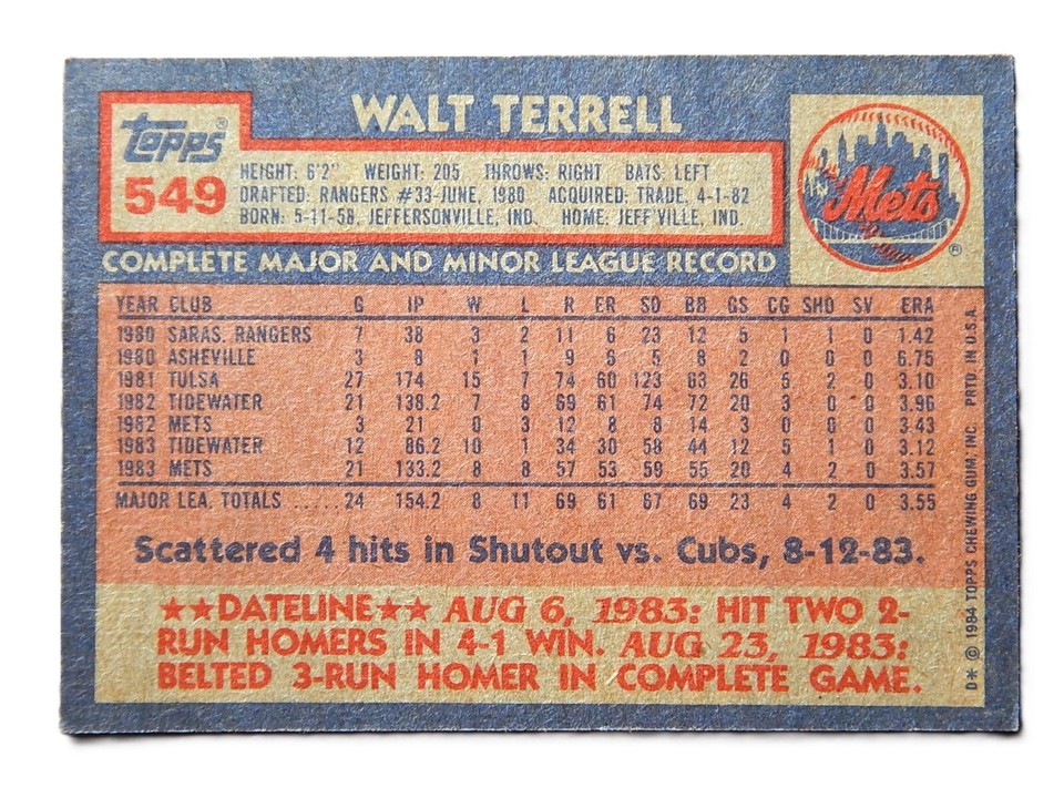 Walt Terrell #549 Topps 1984 Baseball Card (New York Mets) | eBay