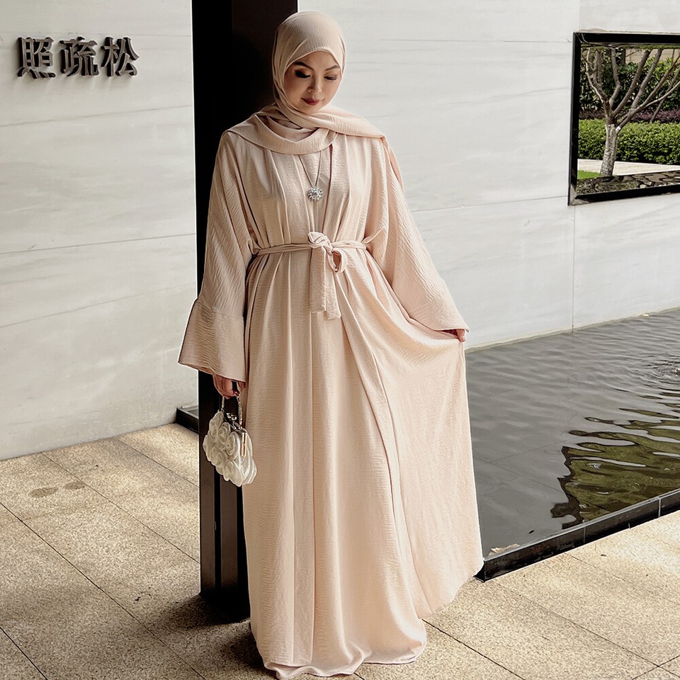 2 Piece Women Muslim Open Abaya Inner Dress Set Dubai Kimono Kaftan ...