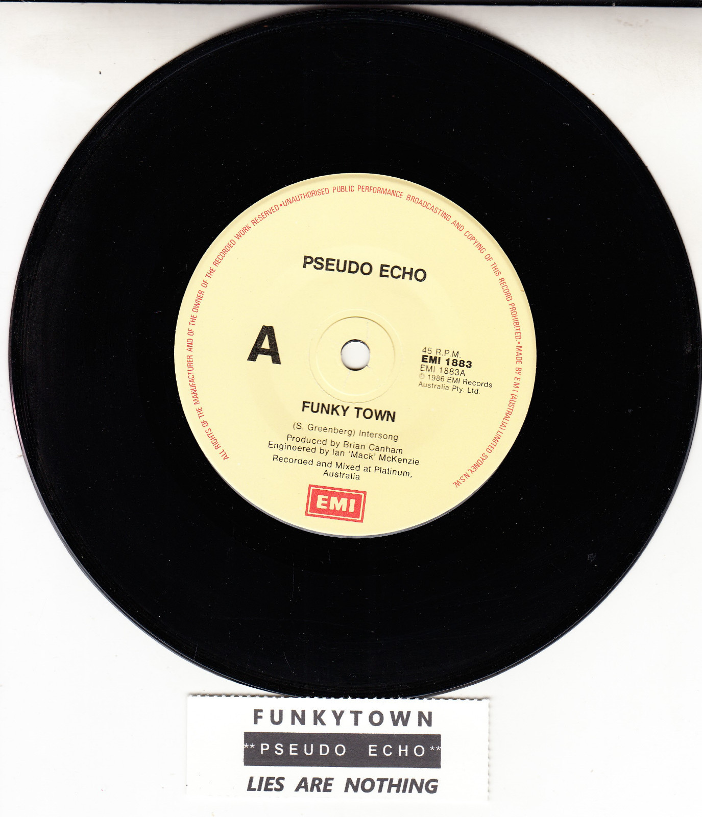 PSEUDO ECHO Funky Town 7" 45 rpm vinyl record + juke box title strip | eBay