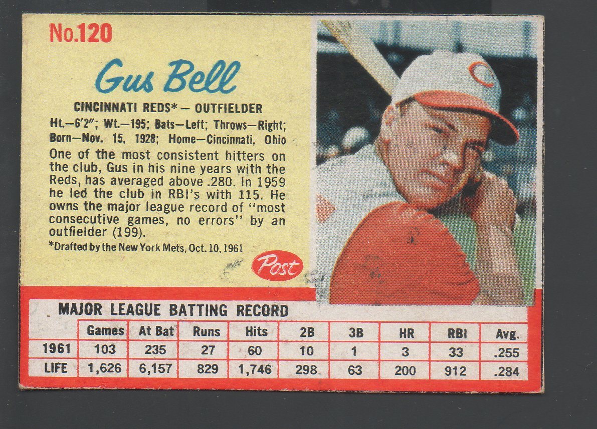 1962 Post Baseball Card #120 Gus Bell-Cincinnati Reds Ex Card | eBay
