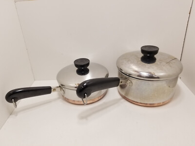 Two 1801 Revere Ware Copper Bottom Pots with Lids - 1 1/2 Qt and 3/4 Qt ...