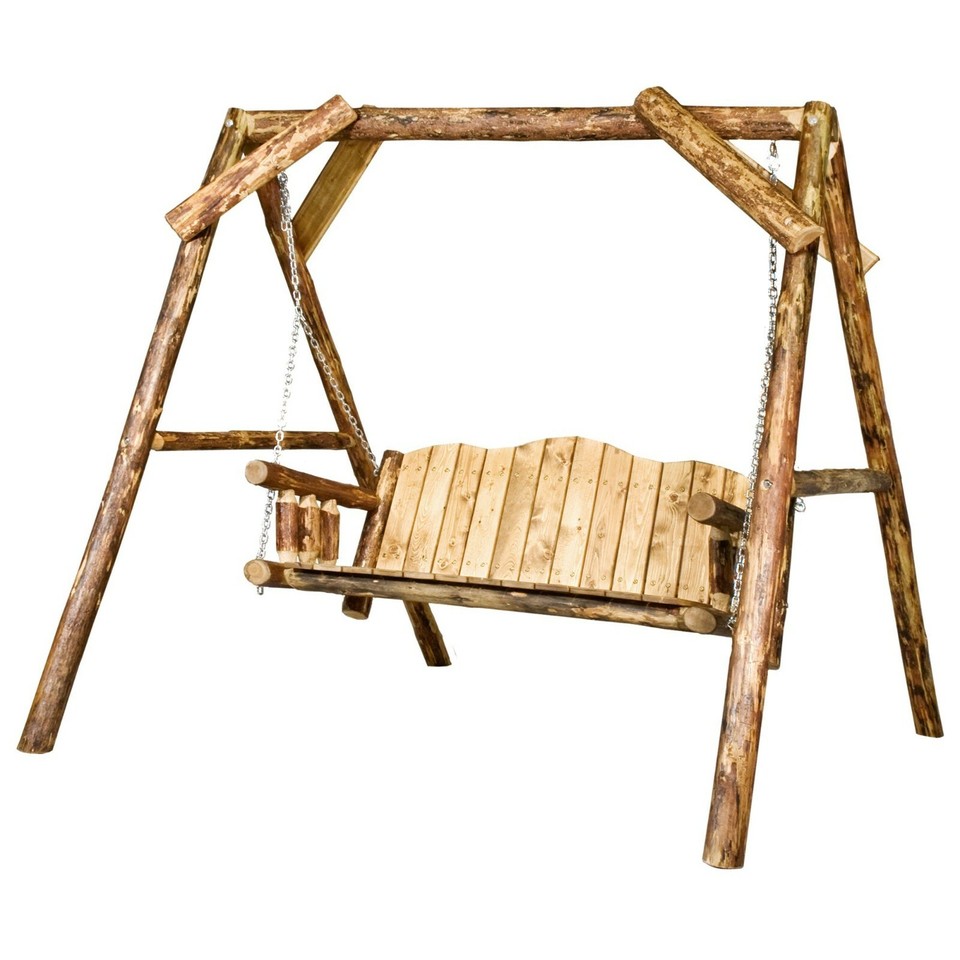 Log Porch Swing with A Frame Amish Made Deck Swings Lodge Cabin Deck ...