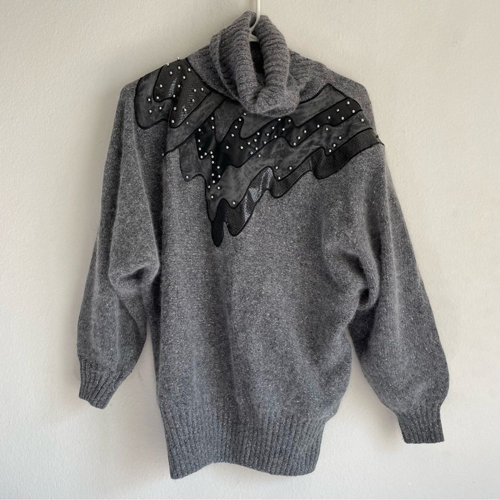 IB Diffusion vintage leather angora gray turtleneck oversize studded ...