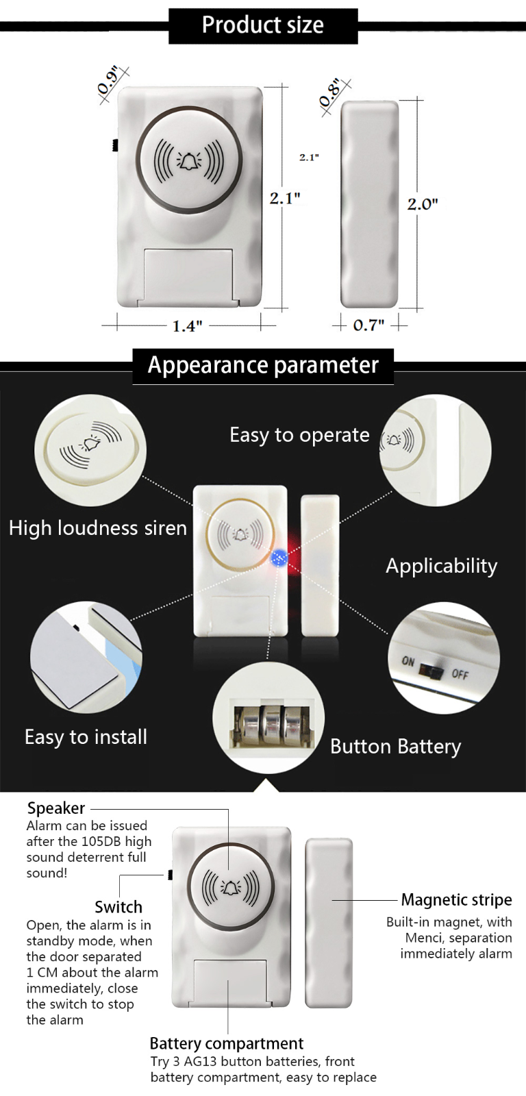 2pc Security Alarm Door Sensors Security Alarm System Wireless Battery ...