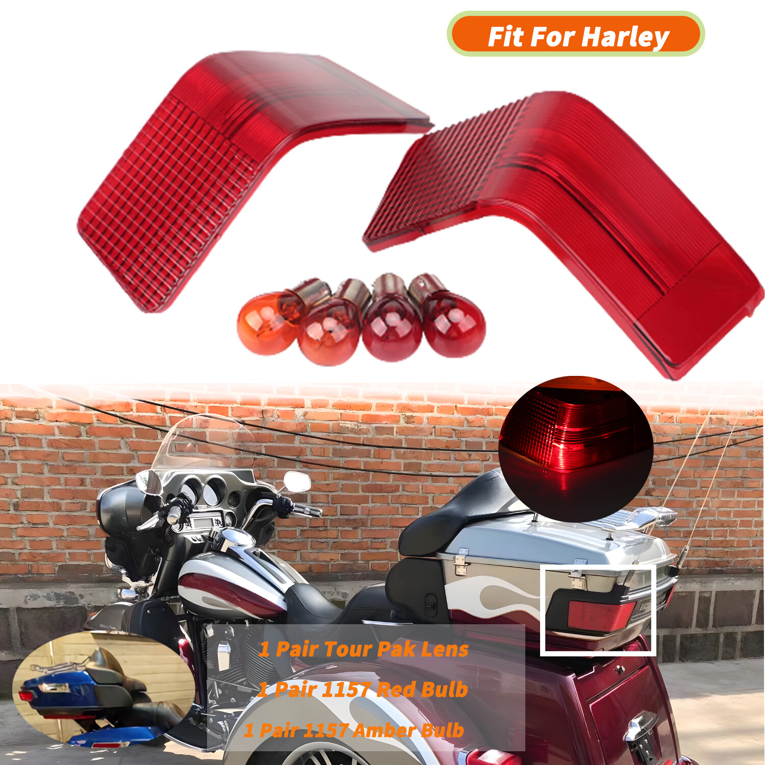 Tour Pak Red Lens & 1157 Amber Red Bulb Fit For Harley Electra Glide ...