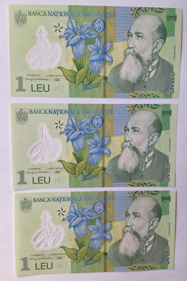 Romania Lot of 3 notes - 1 Leu 2022, 2023 & 2024 Polymer Banknote, UNC ...