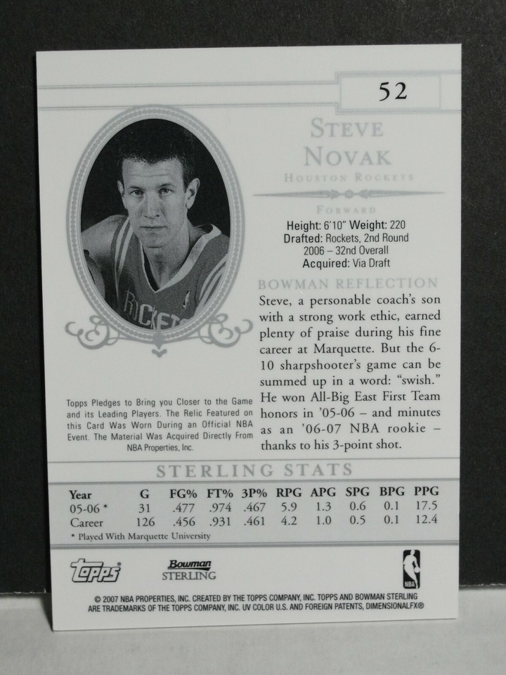 2006-07 BOWMAN STERLING #52 STEVE NOVAK JERSEY CARD - ROCKETS | eBay