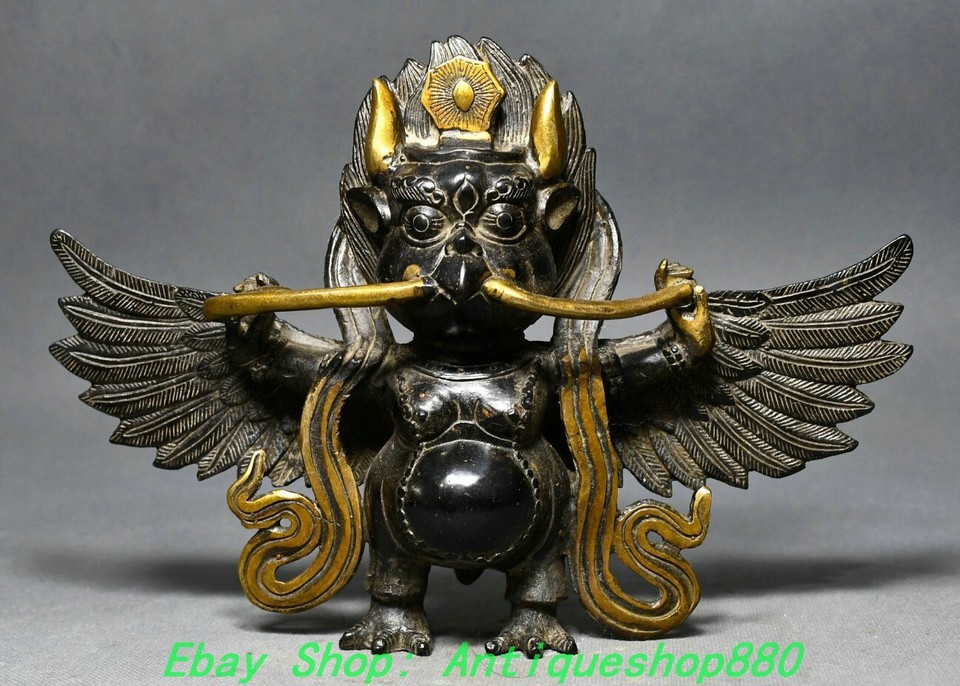 9''Old Tibetan Bronze Gilt Redpoll Winged Garuda Bird Eagle Buddha ...