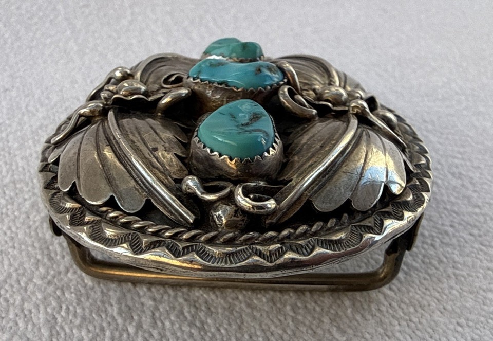 Vintage Navajo Handmade Sterling Silver Turquoise Belt Buckle Wes Craig ...