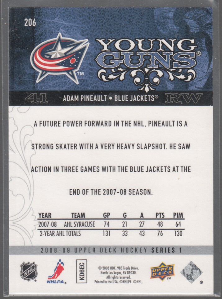 ADAM PINEAULT 2008-09 Upper Deck #206 SP RC Columbus Blue Jackets YG ...