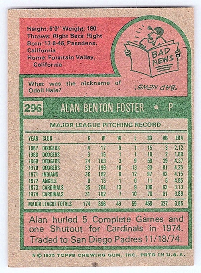 Alan Foster 1975 Topps #296 - Please see pics for cond. | eBay