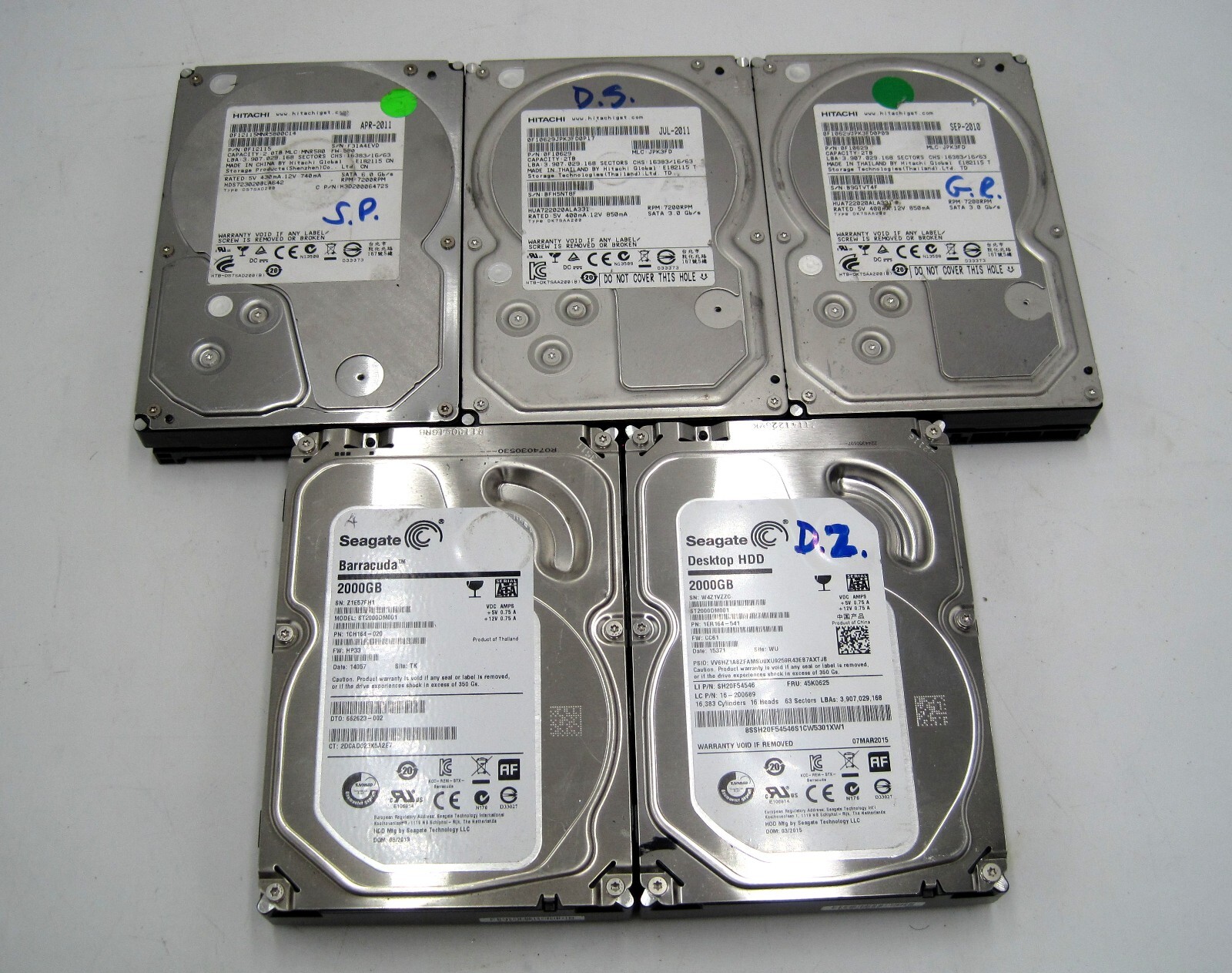 LOT of 5 Mixed Brands Hitachi Seagate 2TB SATA 3.5" Internal Hard Drive ...