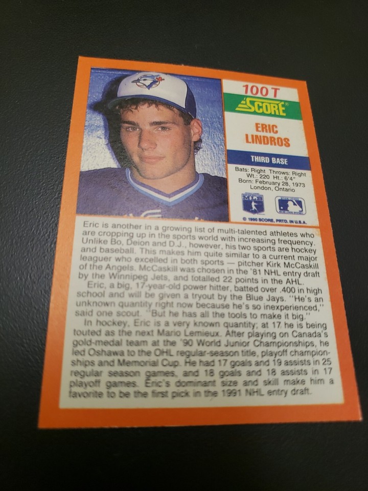 ERIC LINDROS TORONTO BLUE JAYS ROOKIE CARD 100T RC SP 1990 SCORE TRADED ...