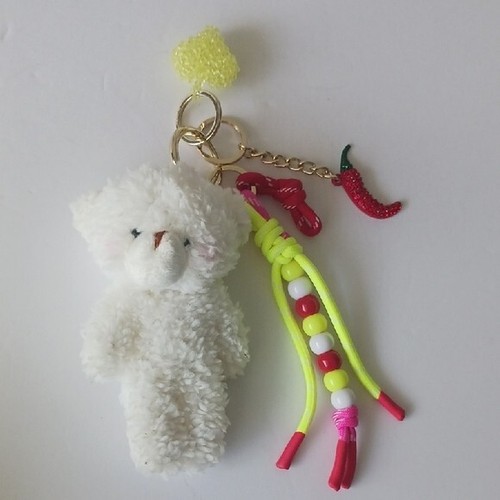 Madden Girl Plush White Teddy Bear Keychain W Beads Charms Heart and ...