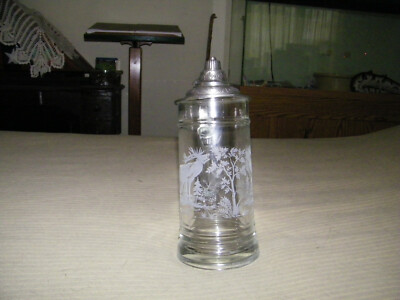 ALWE Beer Stein Clear Glass Pewter Lid. Etched with Two Elk and Trees ...