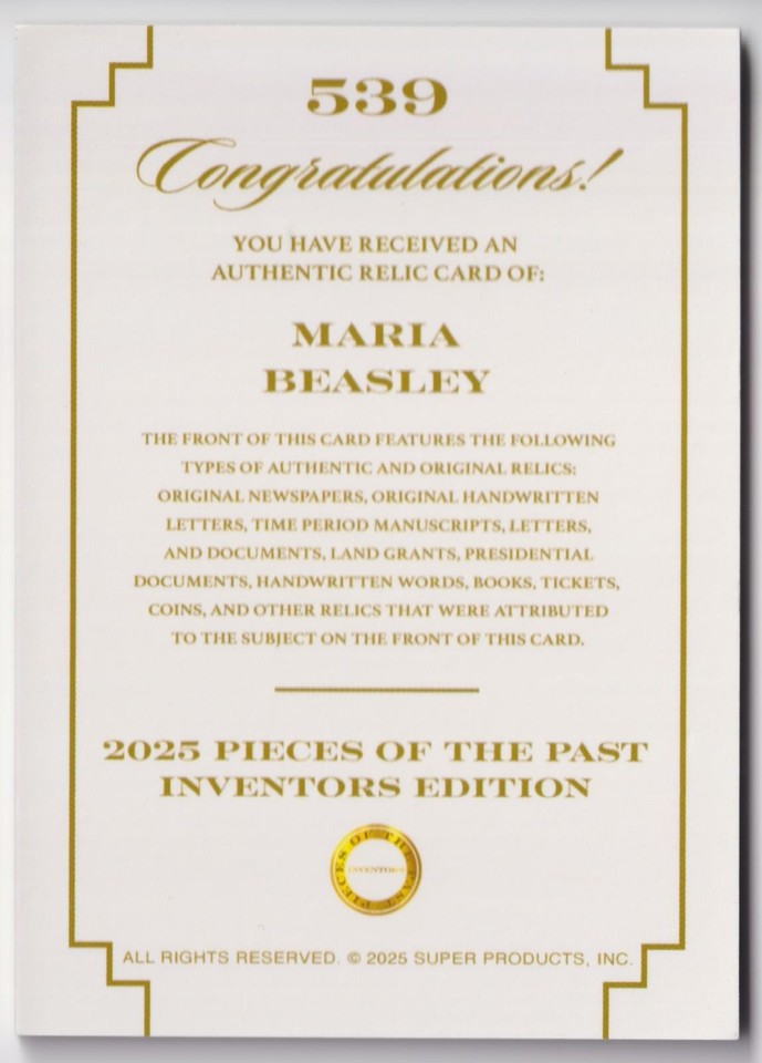 2025 Pieces of the Past Inventors Edition Maria Beasley #539 Period ...