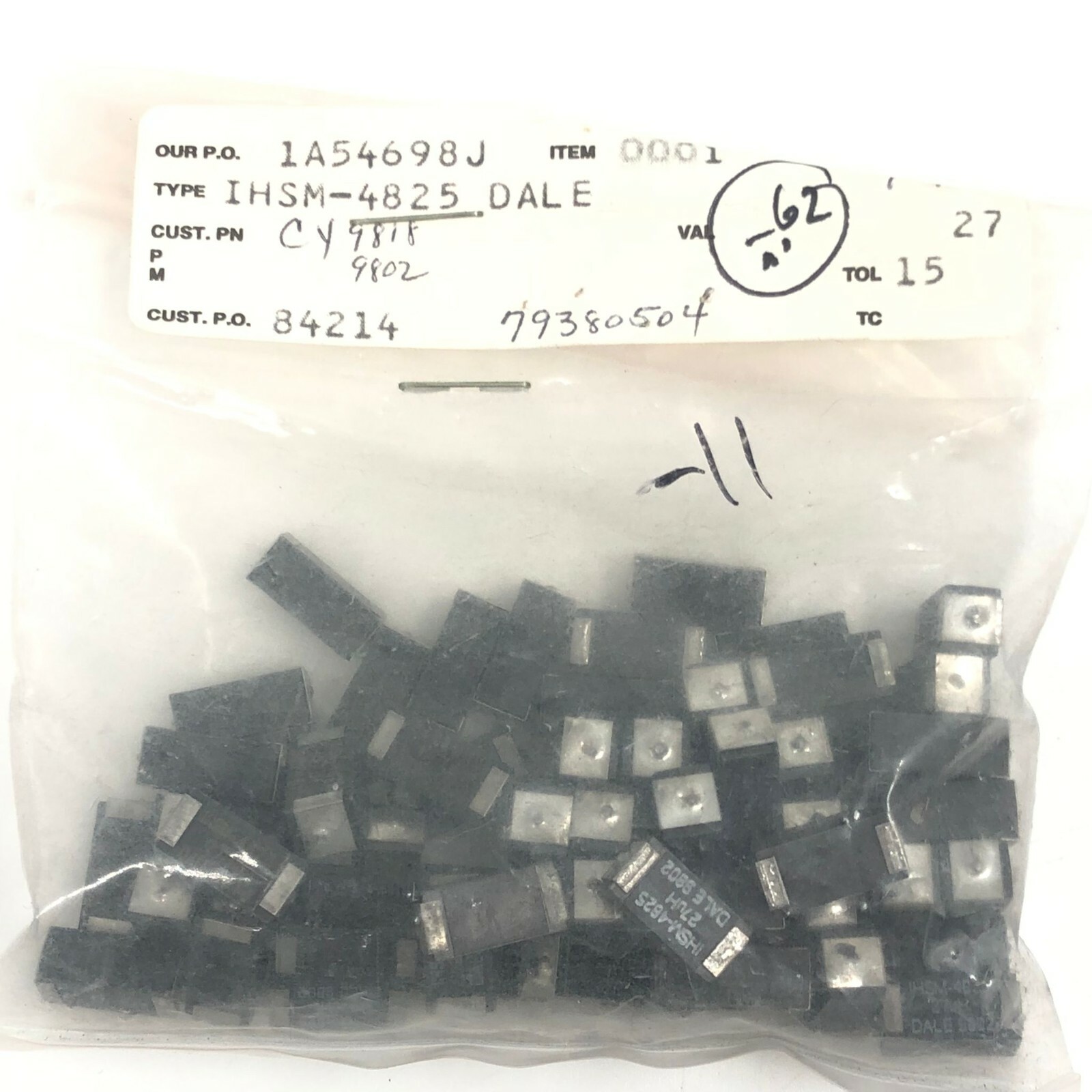 (62 PCS) 2.7uH 0.034 Ohm Vishay Dale IHSM-4825 Fixed SMD Inductor 15% ...