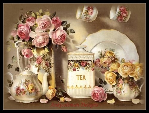 Tea Pot and Roses - DIY Chart Counted Cross Stitch Patterns Needlework ...