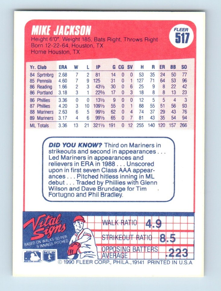 1990 Fleer Mike Jackson Seattle Mariners #517 | eBay