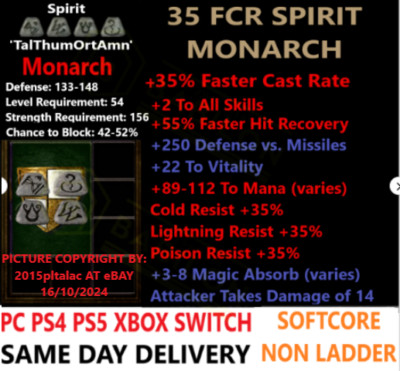 PC PS4 PS5 XBOX SWITCH 35 FCR Spirit Monarch Diablo 2 Resurrected D2R ...