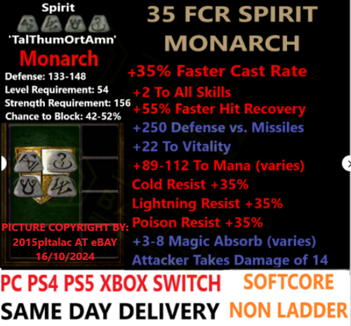 PC PS4 PS5 XBOX SWITCH 35 FCR Spirit Monarch Diablo 2 Resurrected D2R ...