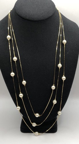 Vintage Delicate 3 Strand Faux Pearl Station Necklace Slinky Gold Tone ...