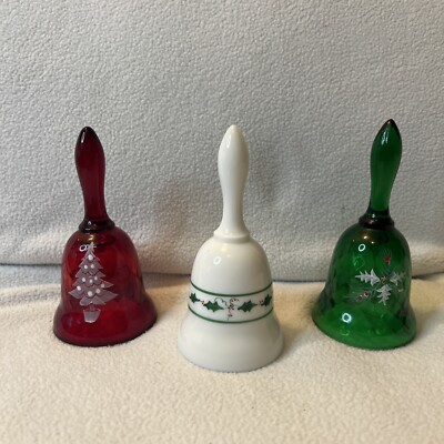 Three Fenton Christmas Bells Evergreen,Ruby And Milk Glass All Signed By Artists | eBay
