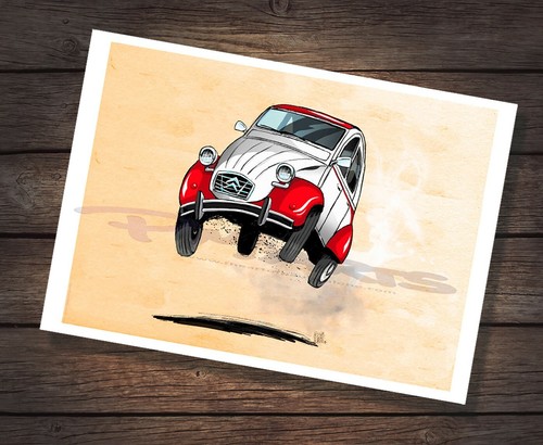 Classic Icon Citroen 2CV Jumping Car Caricature A4 ArtPrint SIGNED BY ...