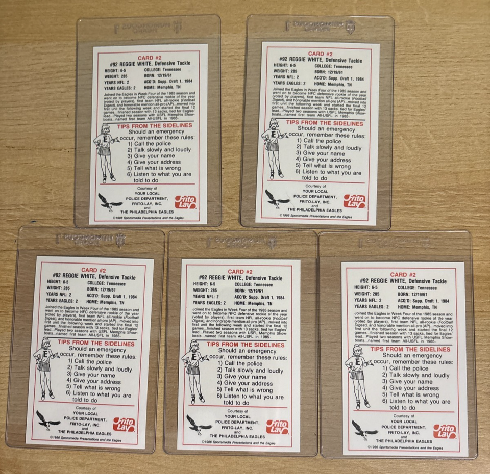 (5) 1986 Frito Lay Police Reggie White Rookie Cards Lot Eagles B3696 | eBay