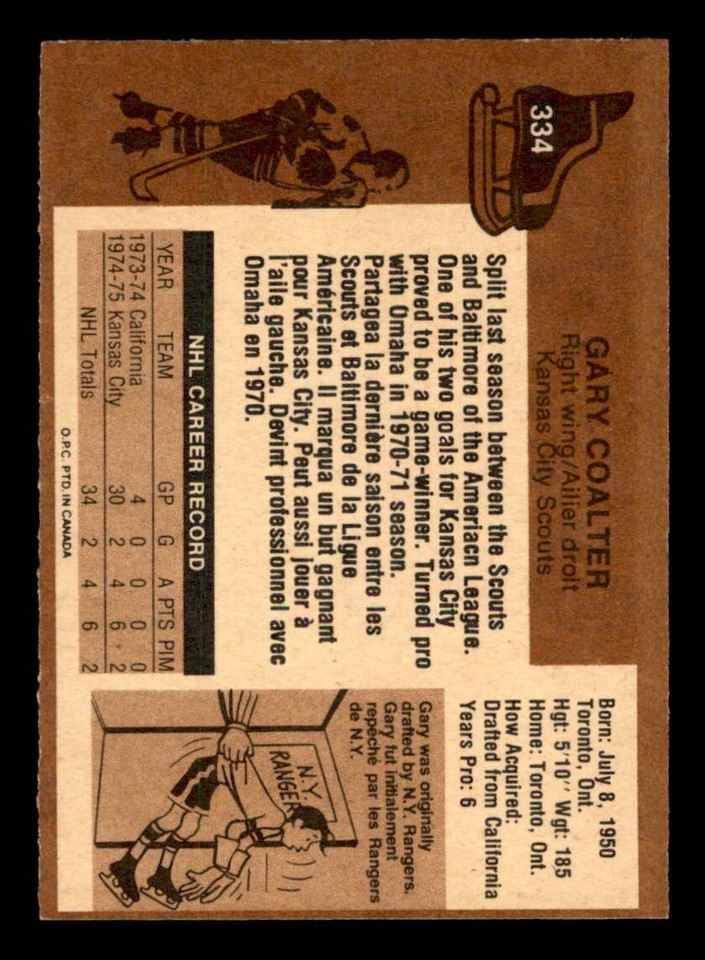 1975 OPC O-Pee-Chee Hockey #334 Gary Coalter NM *e1 | eBay