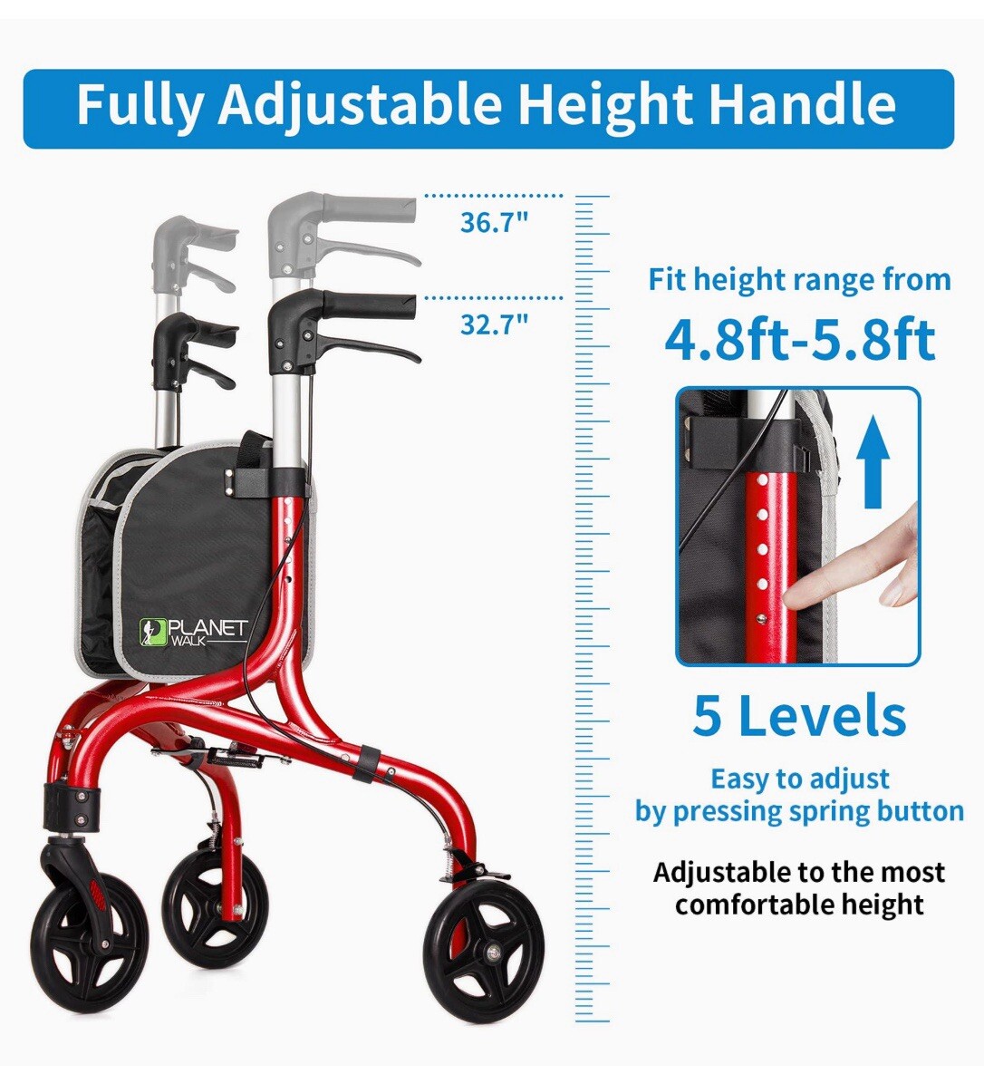 Planetwalk Premium 3 Wheels Rollator Walker Ultra Lightweight Foldable ...