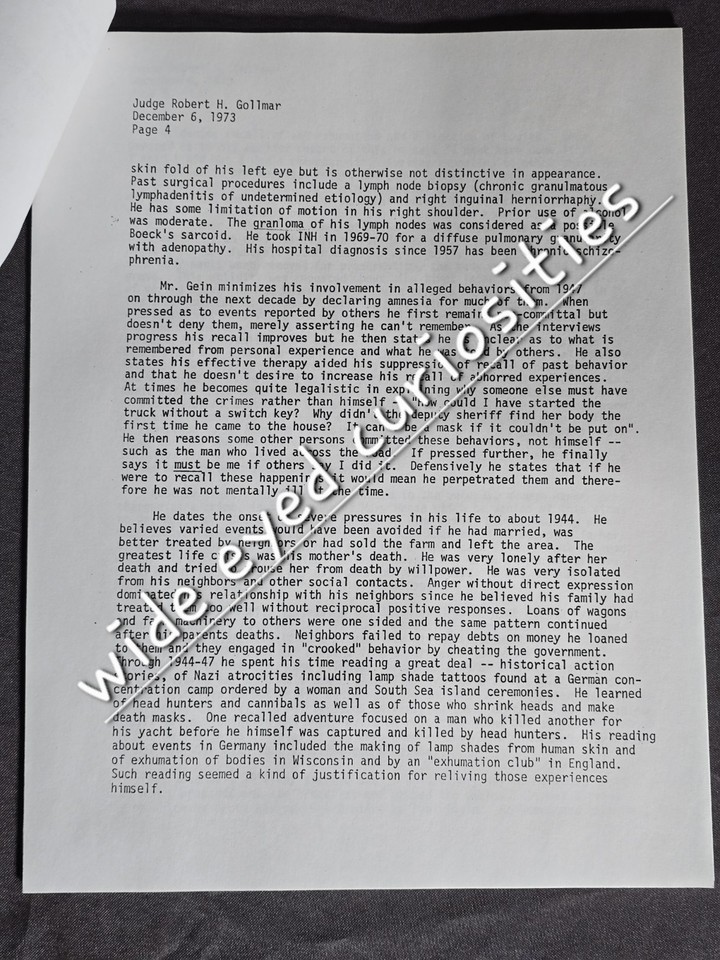 Ed Gein Facsimile Document Psychiatric Eval. Finger Prints, SS Card ...