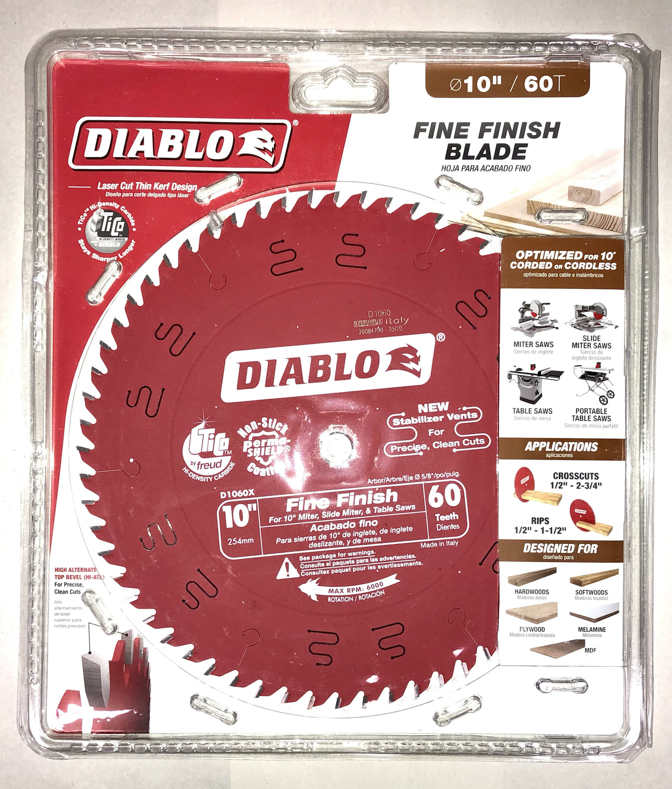 Diablo by Freud D1060X 10" x 60 Tooth Fine Finish Saw Blade | eBay