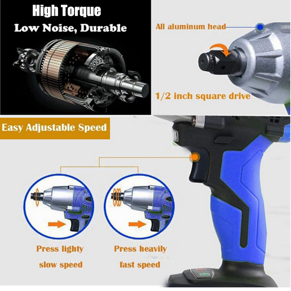 21V Cordless Impact Wrench Driver 420Nm Electric Rattle Nut Gun 1/2" Li ...