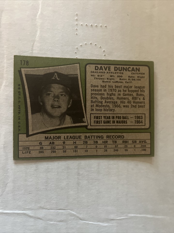 1971 Dave Duncan Oakland Athletics Topps Baseball Card #178 | eBay