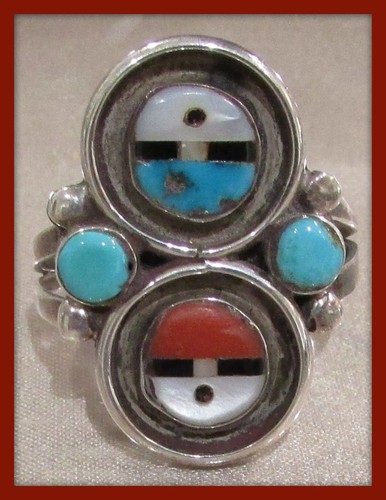 STERLING SILVER AND NATURAL INLAY STONES ZUNI PATTERN RING-SOUTHWESTERN ...
