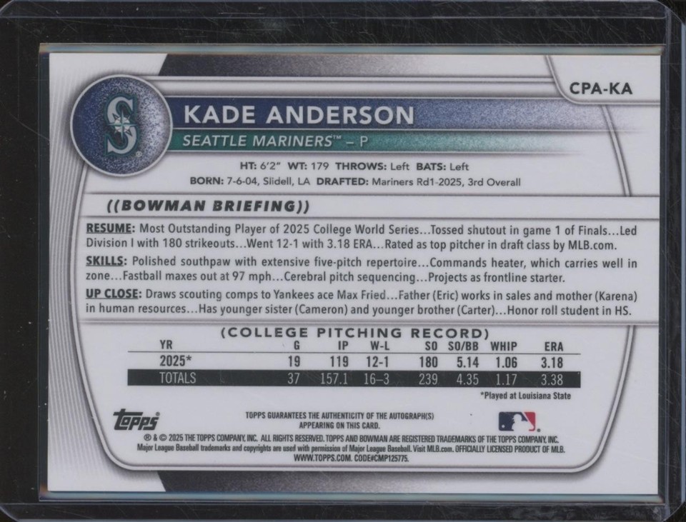 2025 Bowman Draft Chrome KADE ANDERSON RC 1st Auto Mariners Prospect ...