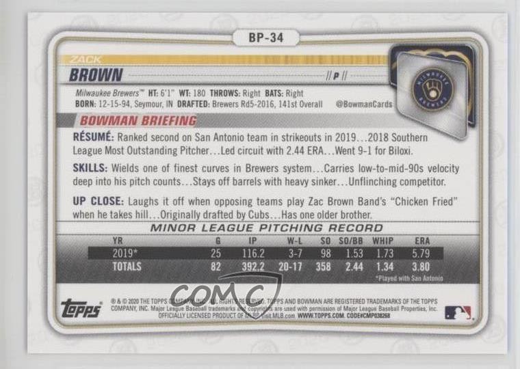 2020 Bowman Prospects Purple 117/250 Zack Brown #BP-34 1t5 | eBay UK