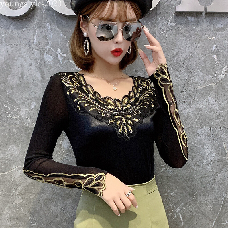 Women Sexy Rhinestone Mesh Sheer Mock Neck Party Club Slim Tops ...