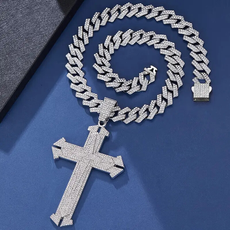 Large Cross Bling Pendant & 13mm 20" Iced Cubic Zirconia Chain Hip Hop ...