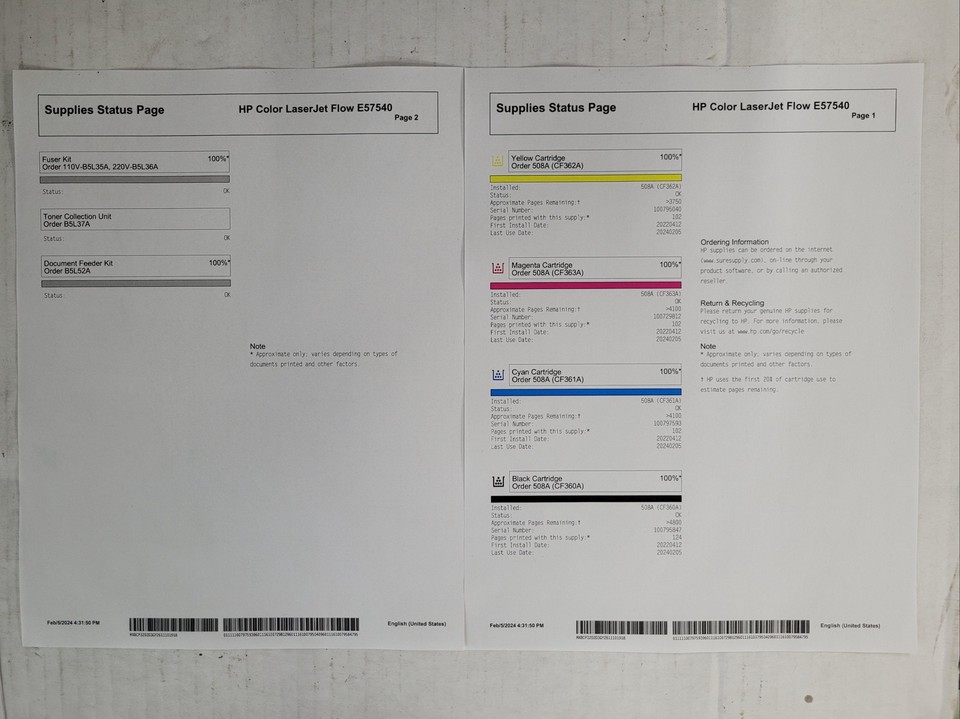 HP Color MFP E57540c Color Laser All in 1 Printer Expertly Serviced ...